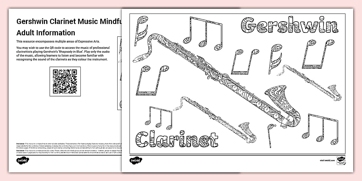 Gershwin Clarinet Music Mindfulness Colouring Page - Twinkl