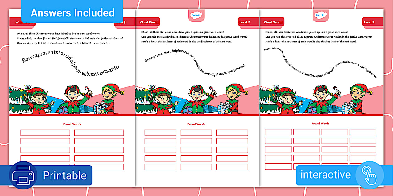 Christmas Word Worm - L1 - Twinkl - Kids Puzzles - Twinkl