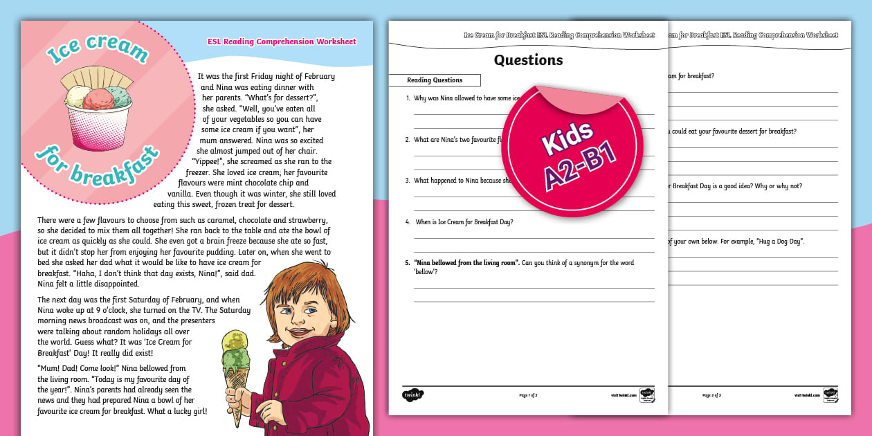 Ice Cream for Breakfast Day Reading [Kids, A2-B1] - Twinkl