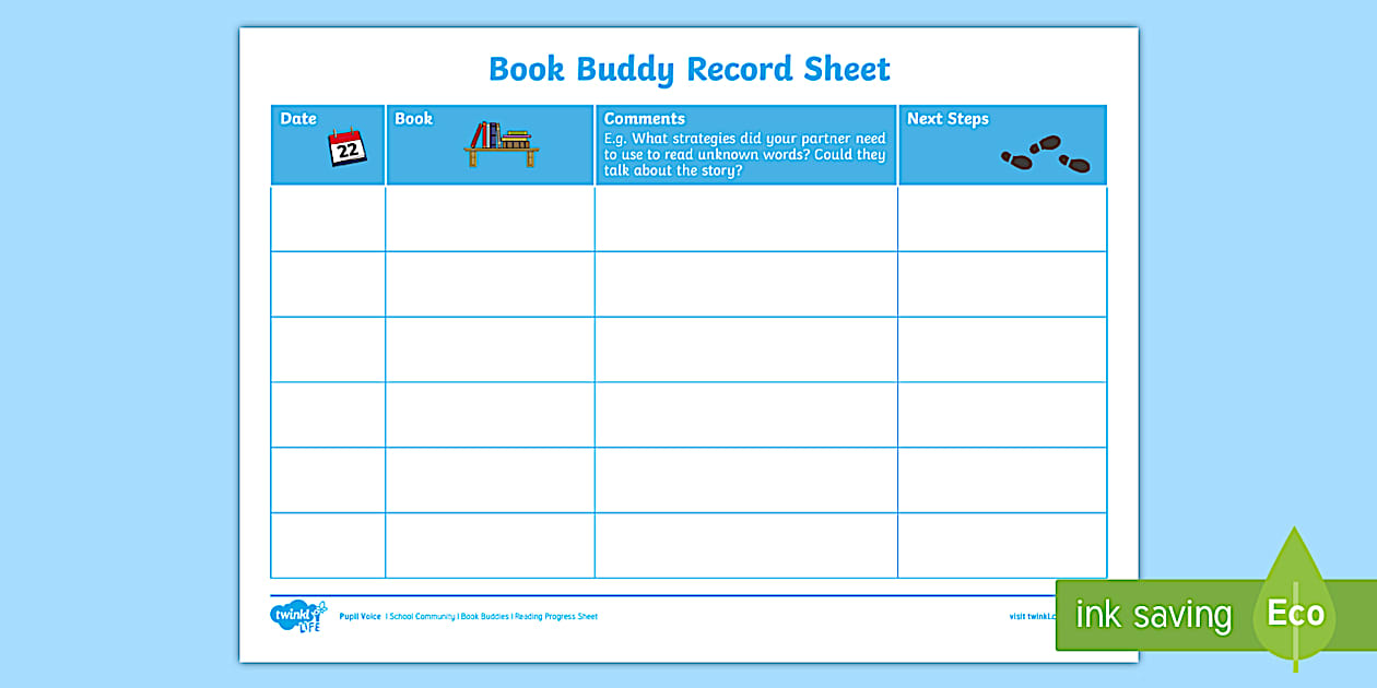 Pupil Voice - School Community - Book Buddies - Reading Progress Sheet