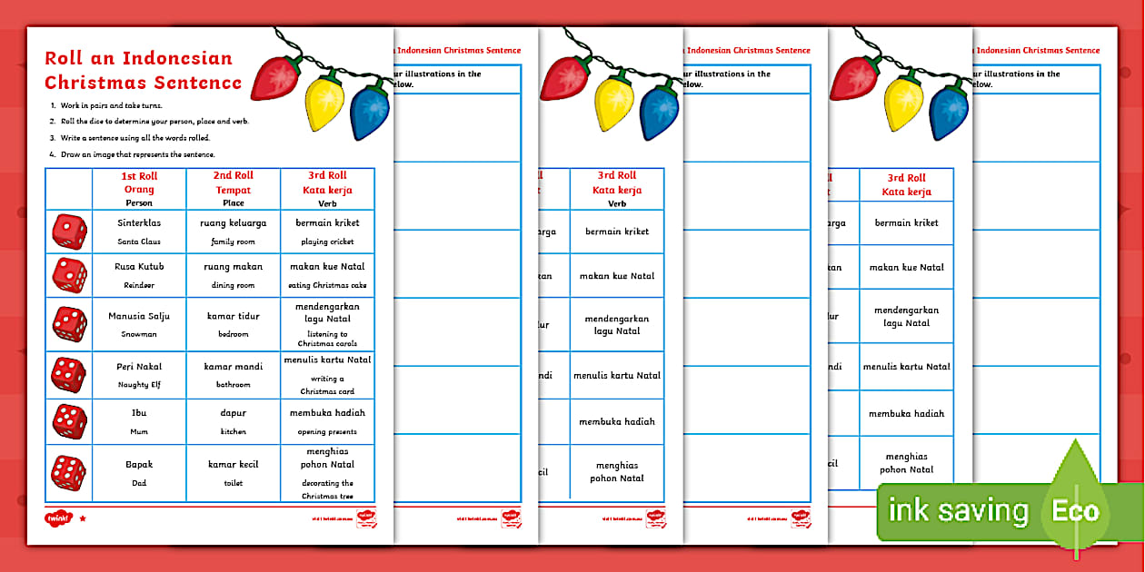 Indonesian Roll a Christmas Sentence Resource | Twinkl