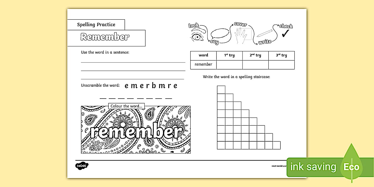 Remember Spelling Practice Worksheet (teacher made) - Twinkl