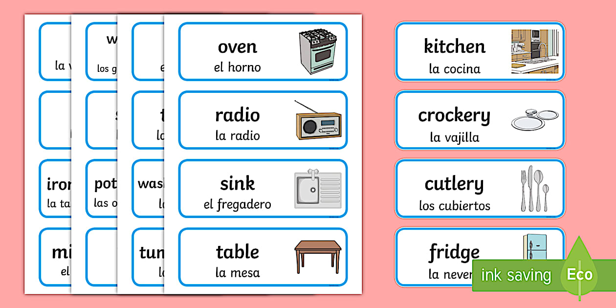 Editable Kitchen Word Cards - English/Spanish (teacher made)