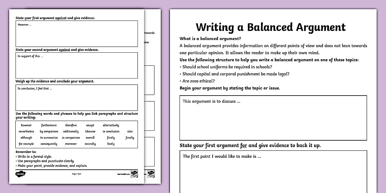 Writing a Balanced Argument Worksheet for 6th-8th Grade