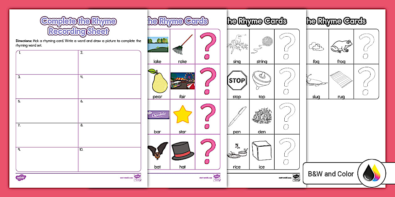 Kindergarten Complete the Rhyme Activity Worksheet - Twinkl