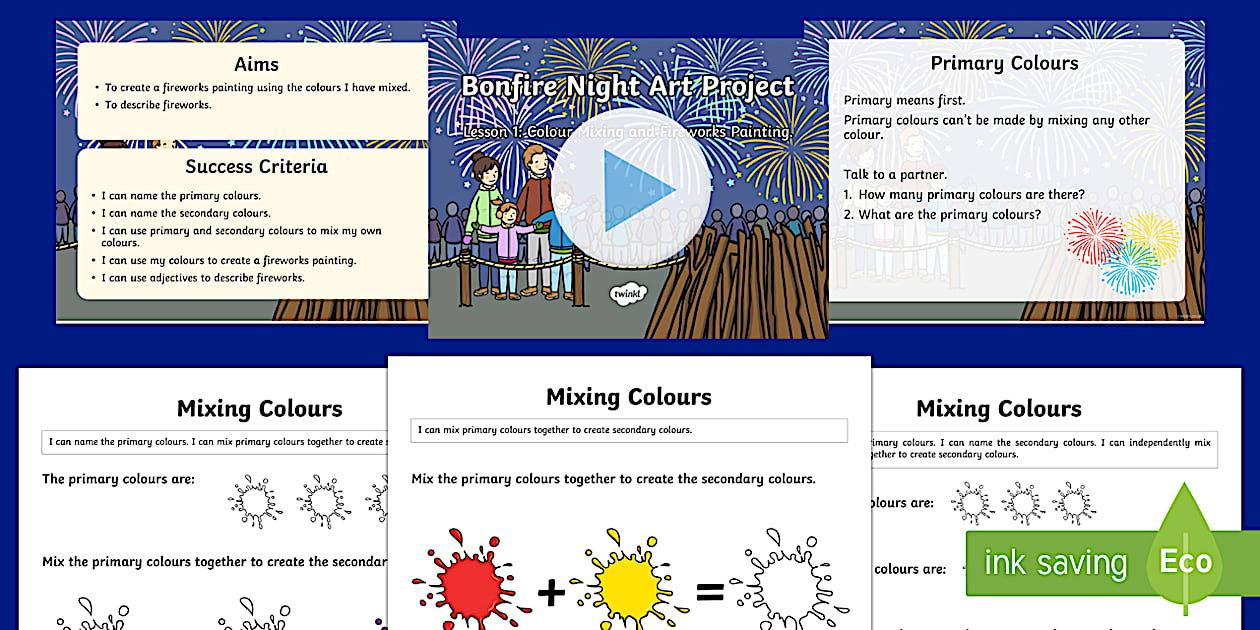 KS1 Bonfire Art Project Lesson 1: Colour Mixing and Fireworks Painting