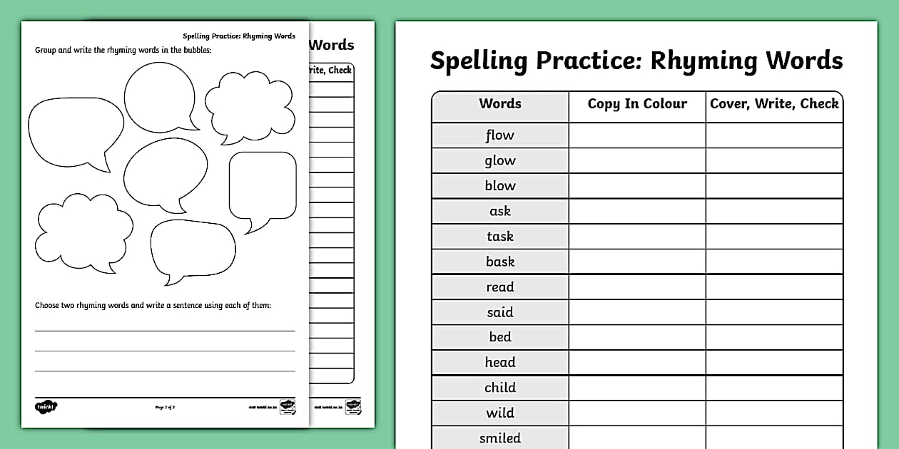 Grade 3 Rhyming Words Phonics Spelling Practice Sheets