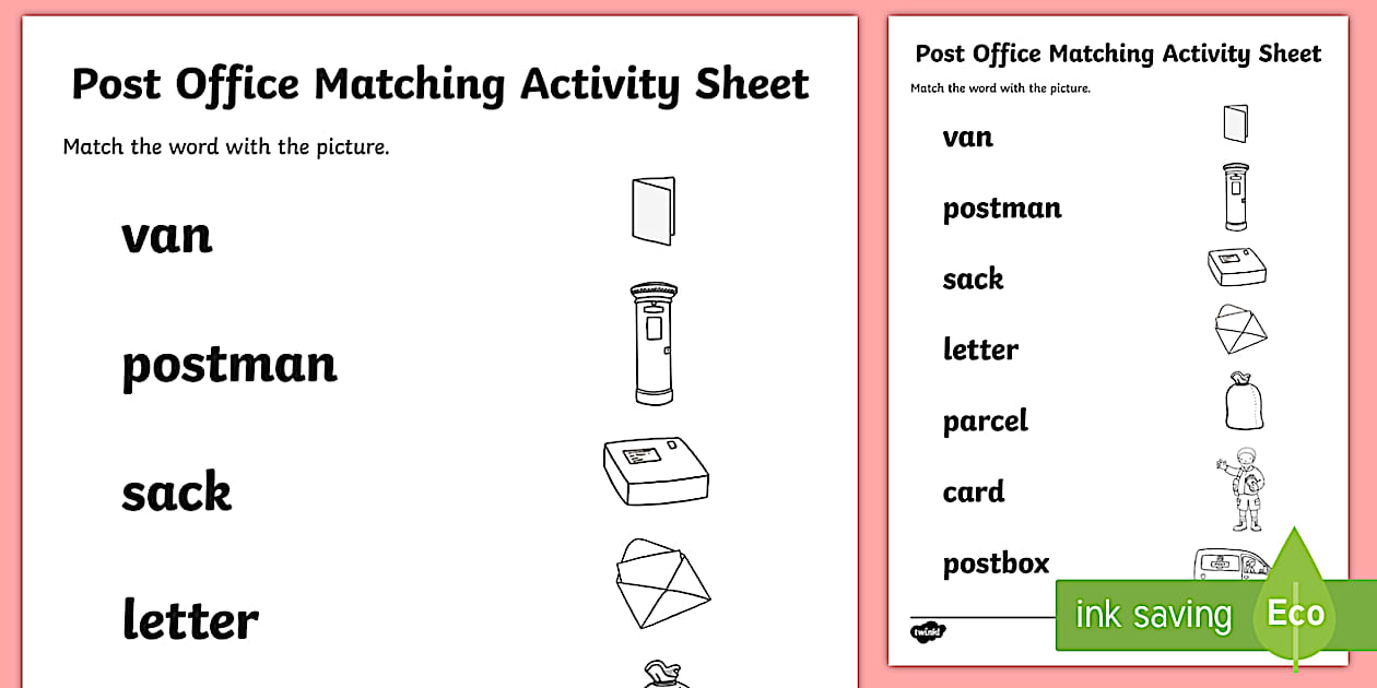 Post Office Word and Picture Matching Worksheet / Worksheet - -Irish