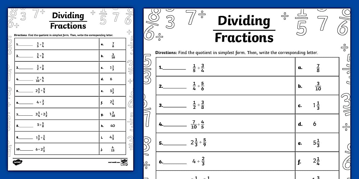 Seventh Grade Dividing Fractions Homework Worksheet - Twinkl