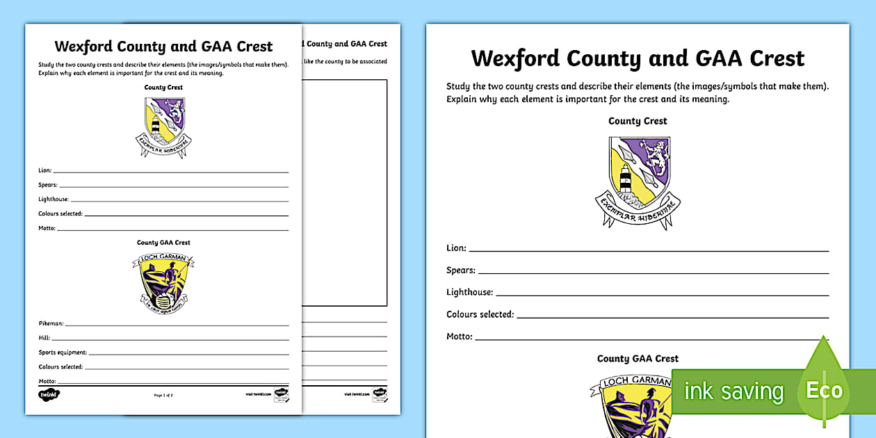 Wexford County and GAA Crest Worksheet / Worksheet - Twinkl