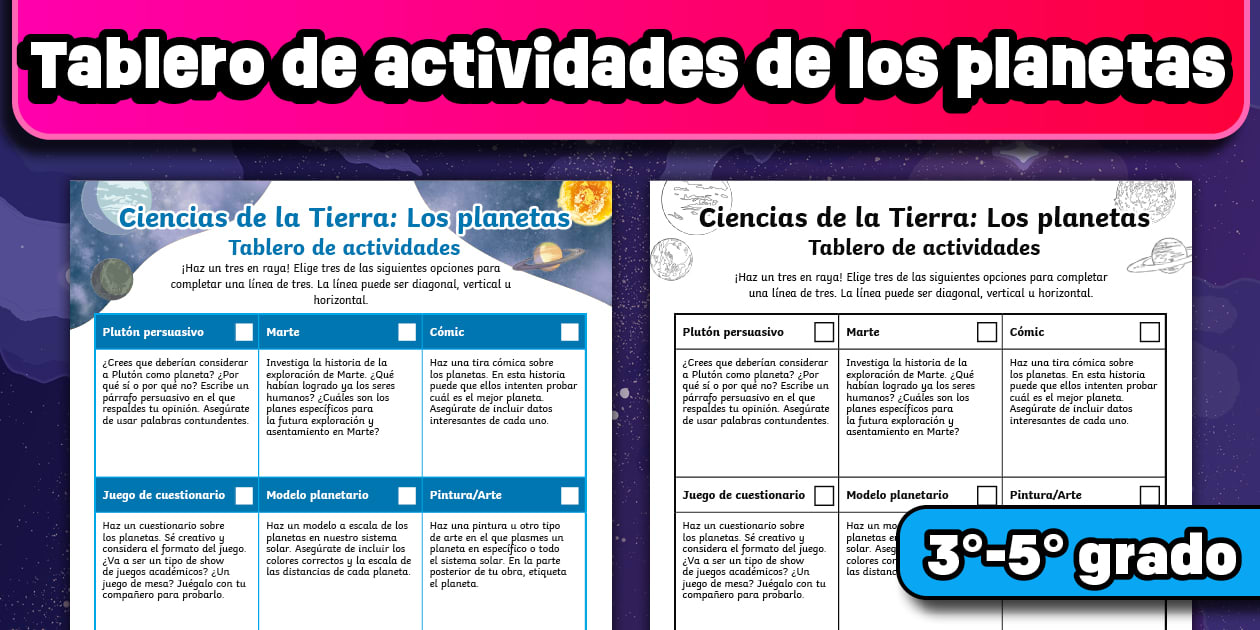Tablero de actividades de los planetas para 3°-5° grado