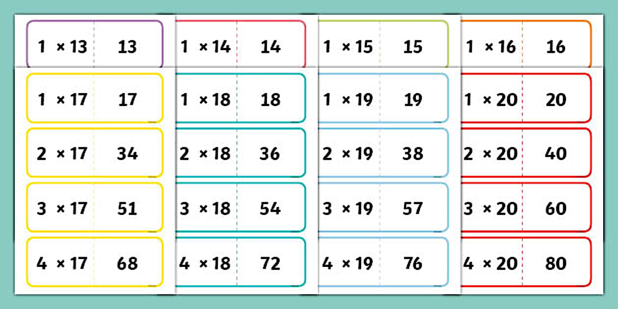13 - 20 Times Table Folding Bumper Cards