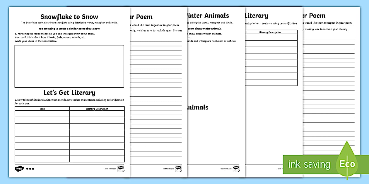Middle Ability KS2 Snowflake Write Your Own Poetry Differentiated Worksheet