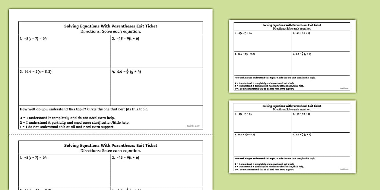 Seventh Grade Solving Equations with Parentheses Exit Ticket