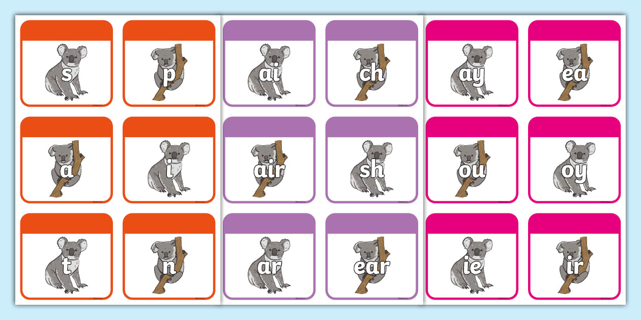 Phase 2, 3 and 5 Phonemes on Koalas Flashcards - Twinkl