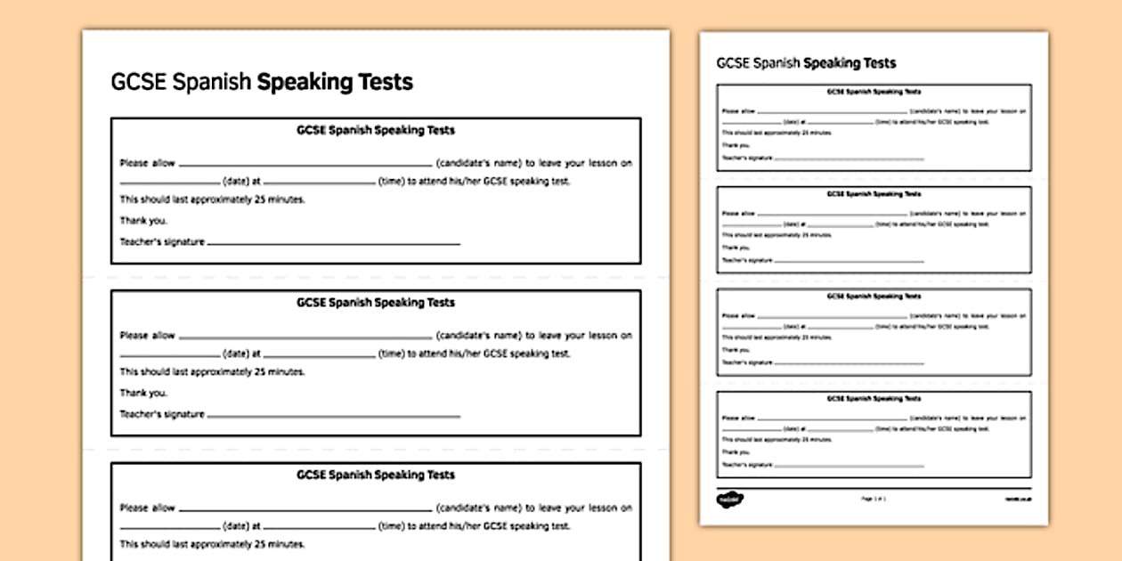 GCSE Spanish Speaking Test Appointment Slip Template