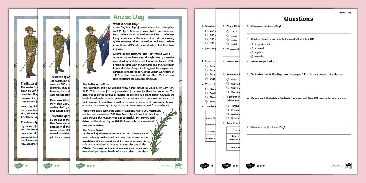 Anzac Day Differentiated Reading Comprehension Activity