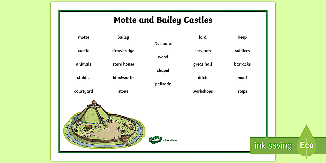 Black and White Motte and Bailey Castle Word Mat - Twinkl