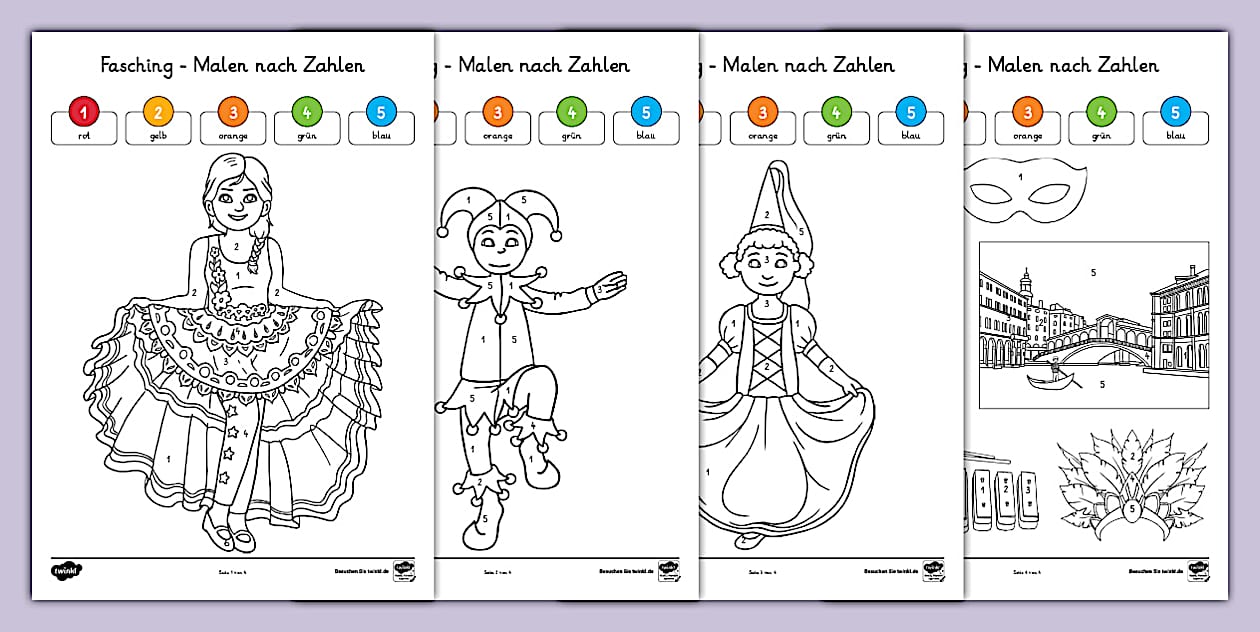 Fasching - Malen nach Zahlen - Arbeitsblatt (teacher made)