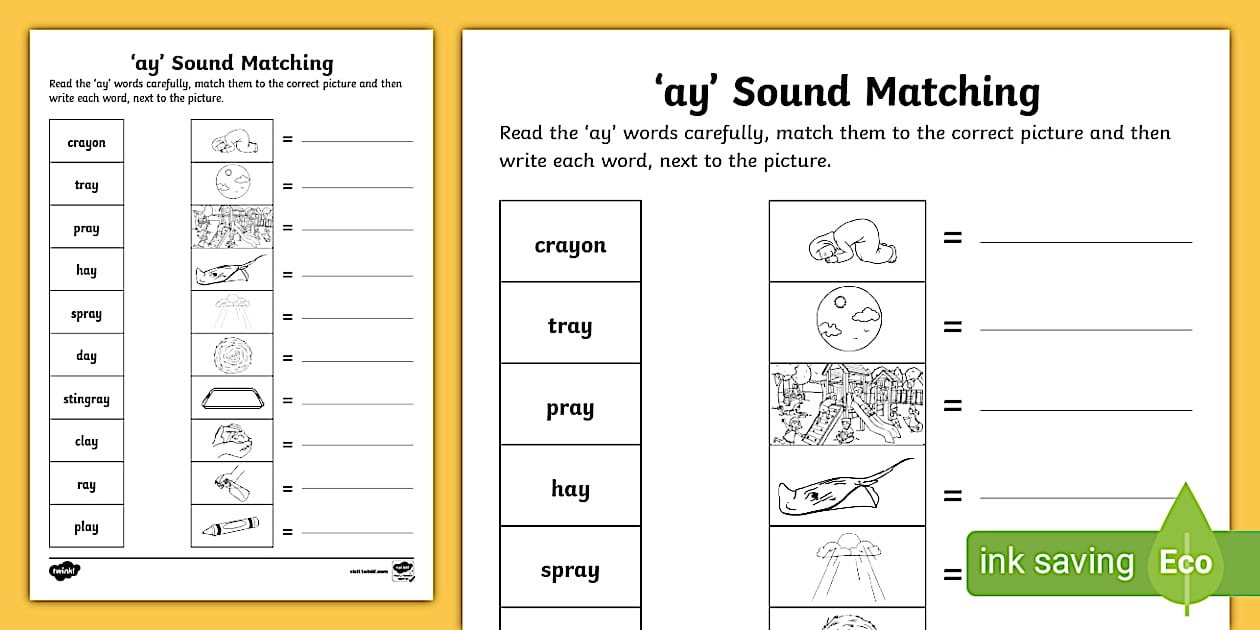 'ay' Sound Matching Activity Sheet (teacher made) - Twinkl