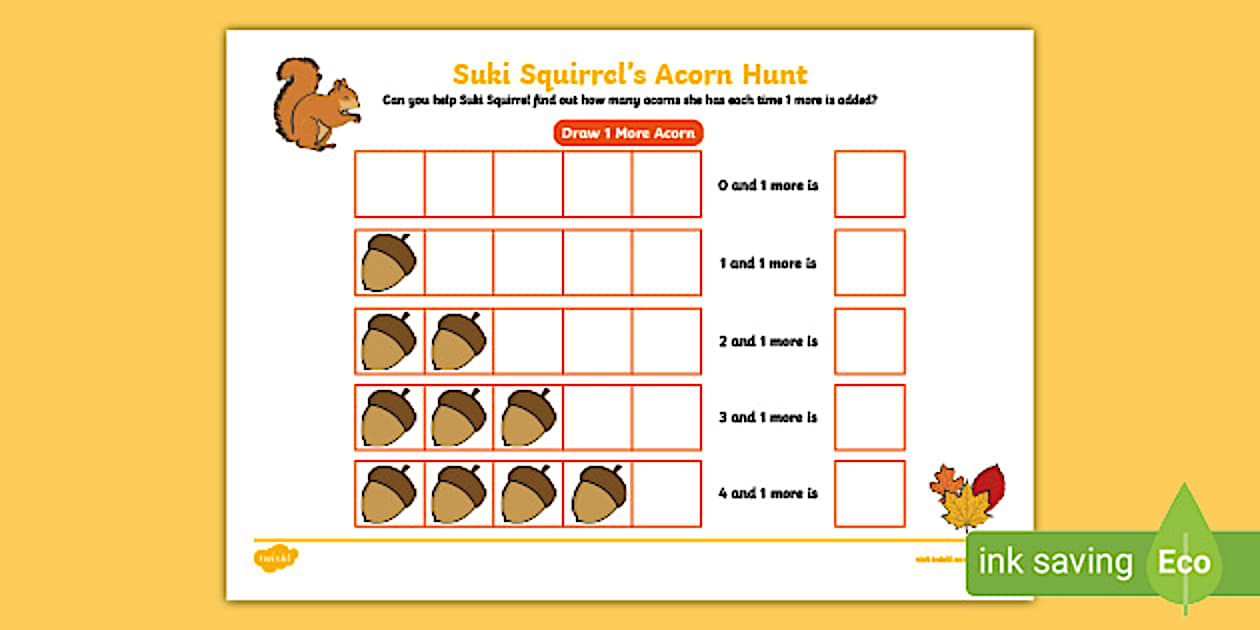 👉 Suki Squirrel's Acorn Hunt One More Than Numbers to 5 Worksheet