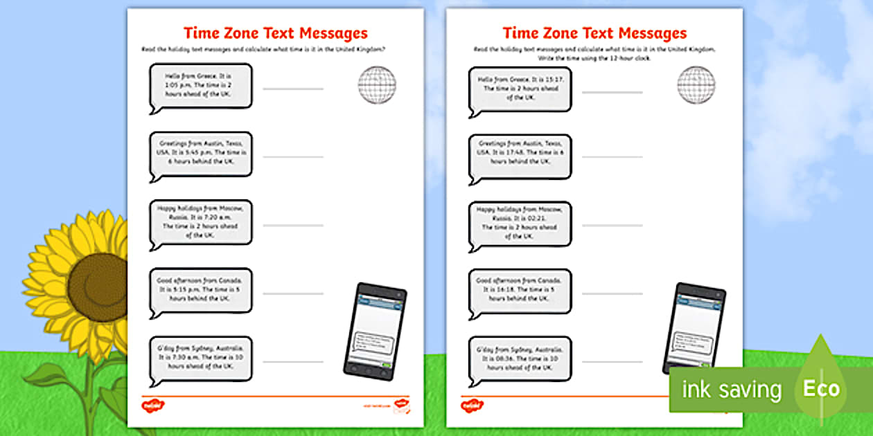 Time Zone Text Messages Time Interval Worksheet - Twinkl