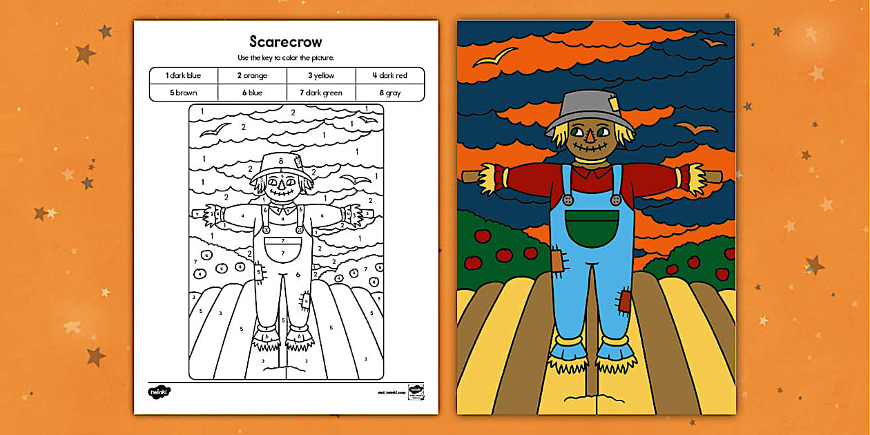Scarecrow Color by Number Worksheet (Teacher-Made) - Twinkl
