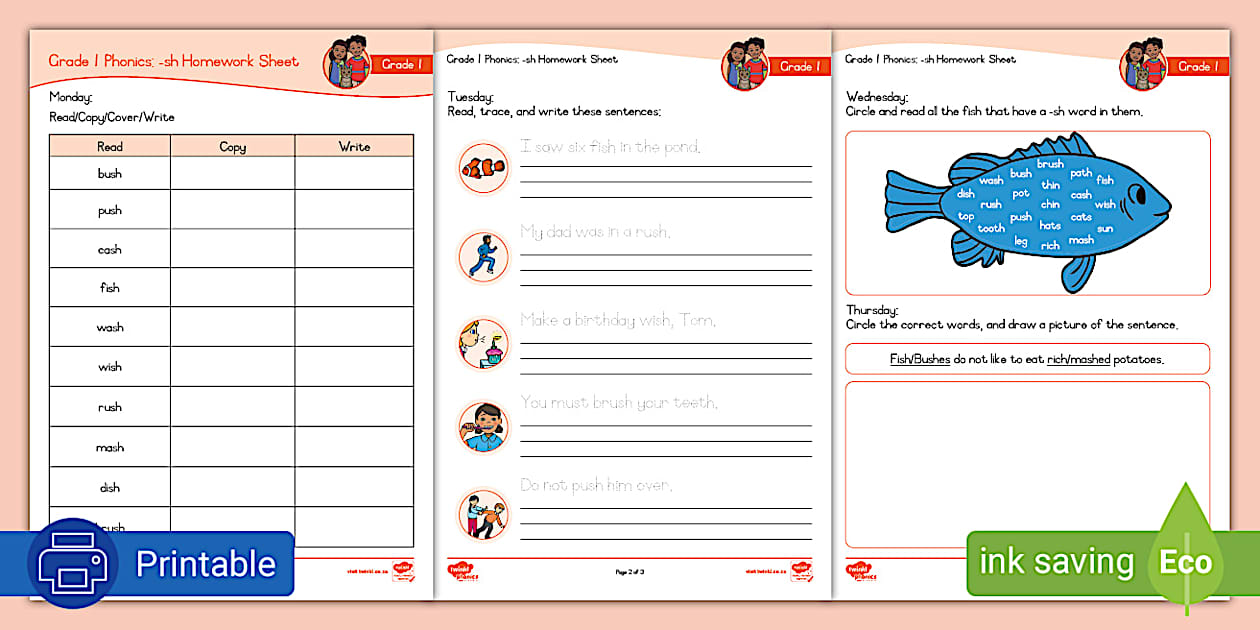 Grade 1 Phonics: -sh Homework Sheet (teacher made) - Twinkl