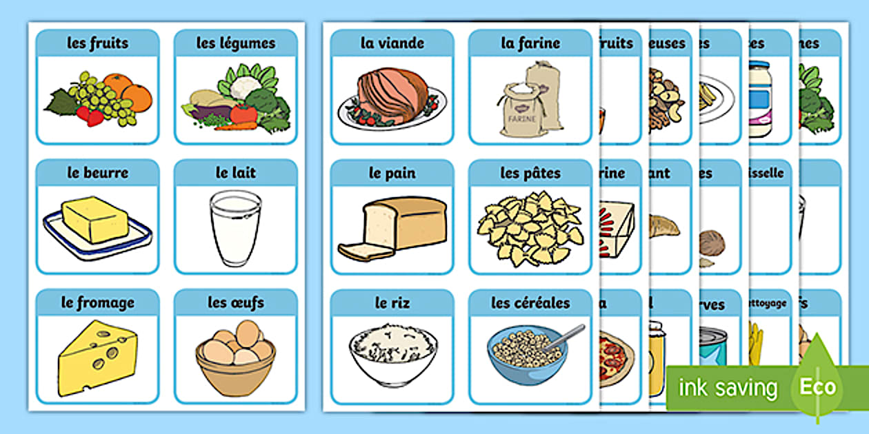 Cartes de vocabulaire : la nourriture et produits ménagers