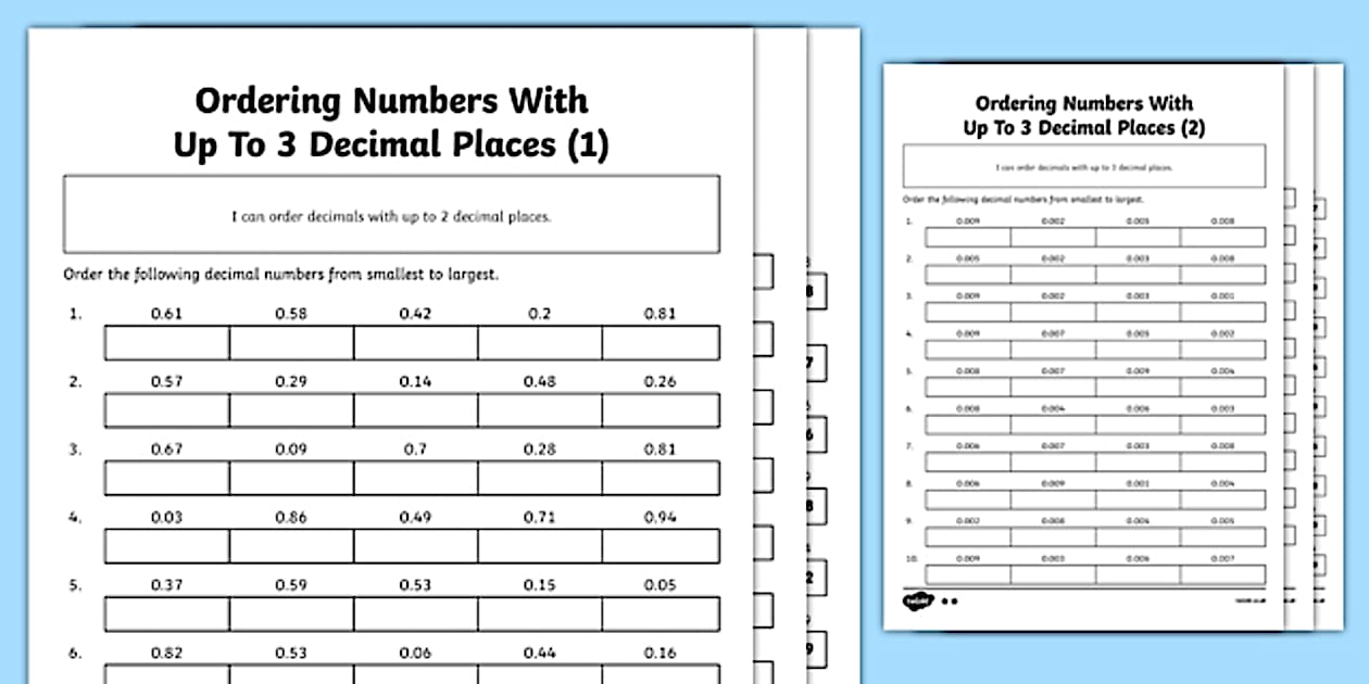 Editable Ordering Decimals Up to 3 Places Worksheet - Twinkl