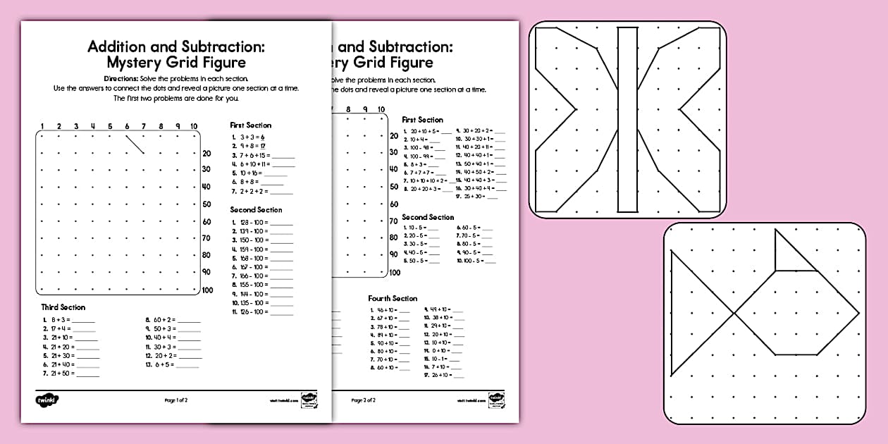 Second Grade Addition and Subtraction Mystery Grid Figures