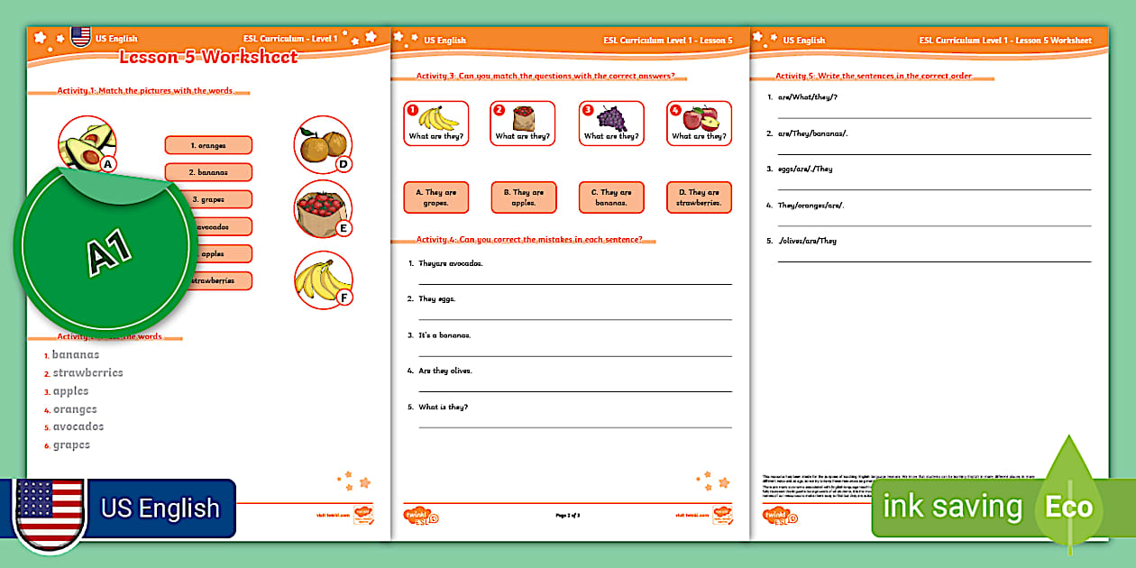 ESL Curriculum (US-English) Level 1, Lesson 5 Worksheet