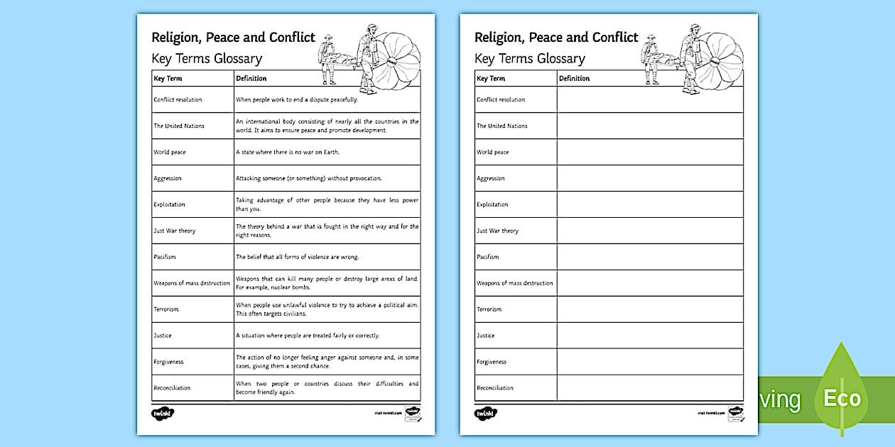 Religion, Peace and Conflict Key Words Glossary Activity - Religion; peace;
