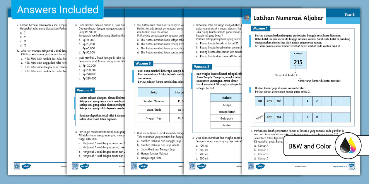 Latihan Contoh Soal ANBK Numerasi Aljabar Fase B - Twinkl
