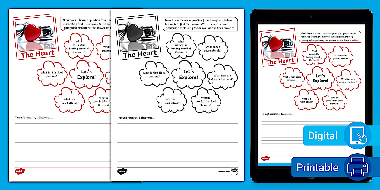 Heart Research Writing Worksheet for 6th-8th Grade - Twinkl
