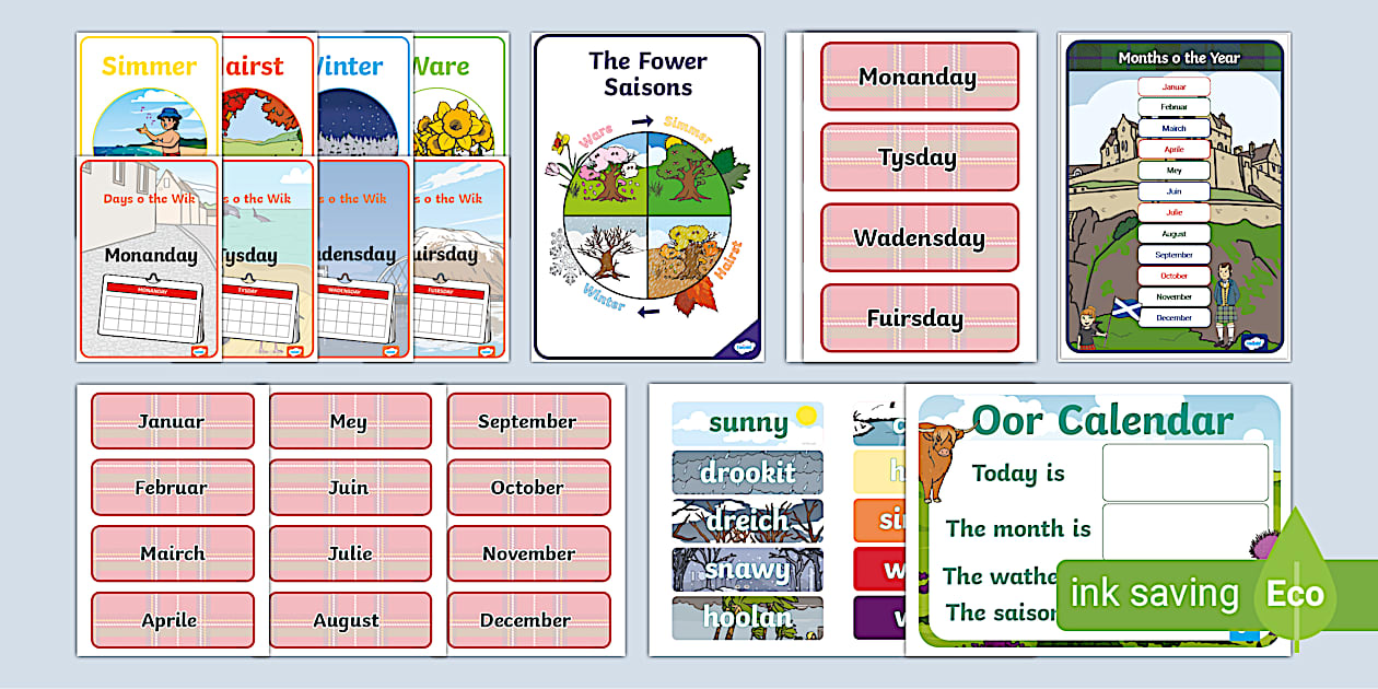 Scots Words Themed Day, Month, Season and Weather Display Set