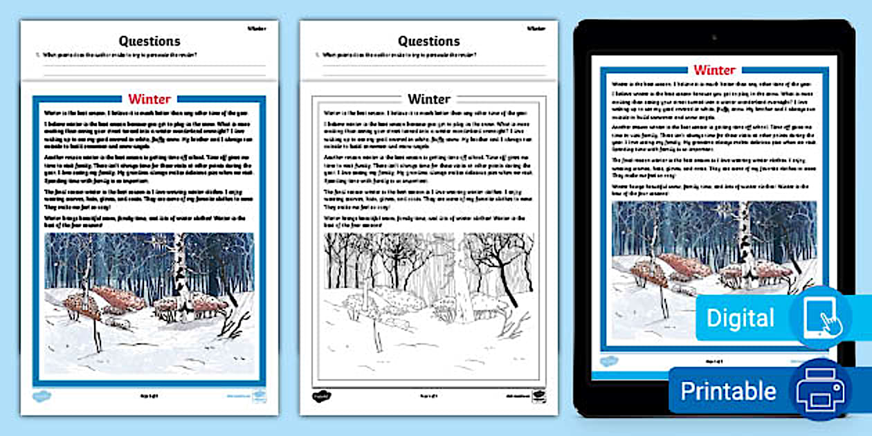 Fourth Grade Winter Persuasive Writing Response Worksheet