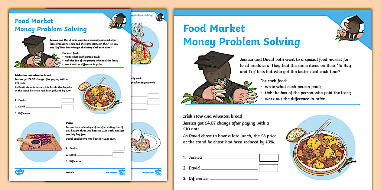 Food Market Money Problem Solving Activity Sheets - Twinkl