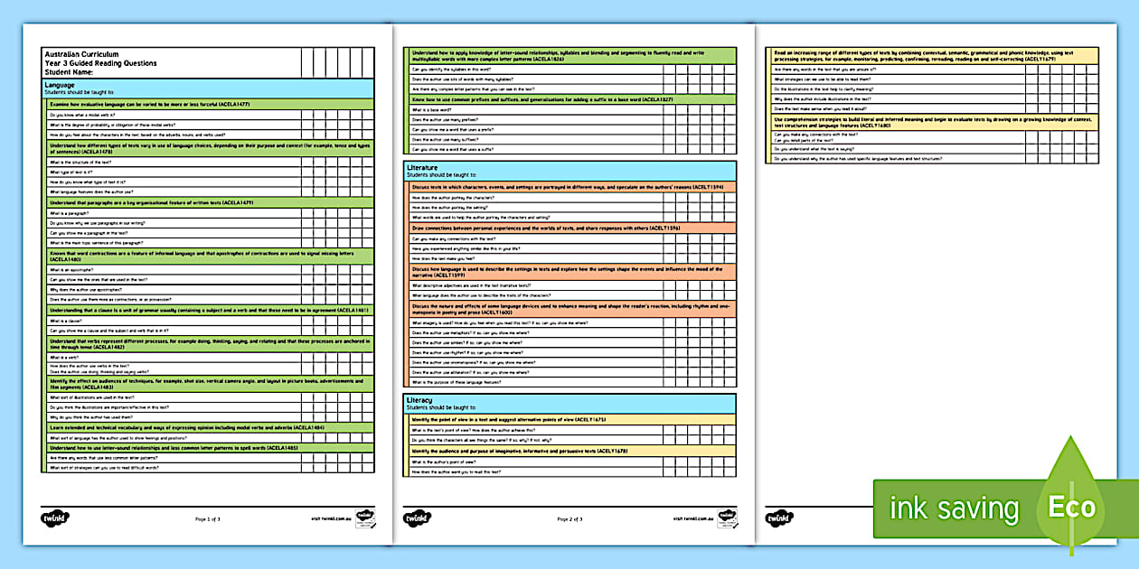 Year 3 Guided Reading Assessment Guidelines Checklist