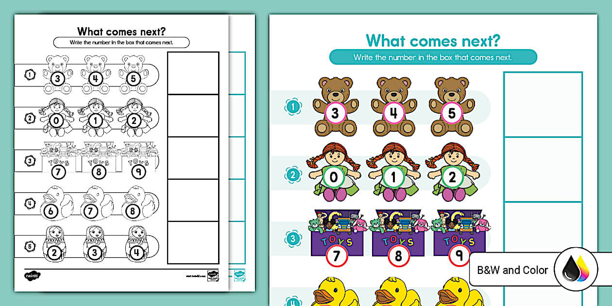 What Number Comes Next? Toys and Games Counting Worksheet