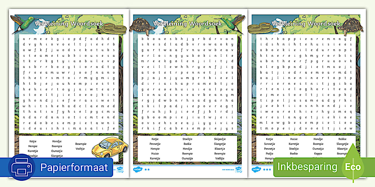 Verkleining Worksheets - Woordsoek - Grade 4 (teacher made)