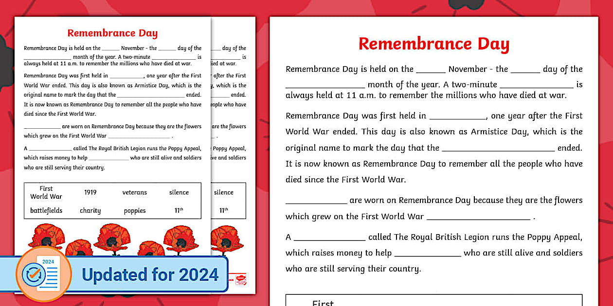 Remembrance Day Activity - Fill in the Blanks (Teacher-Made)