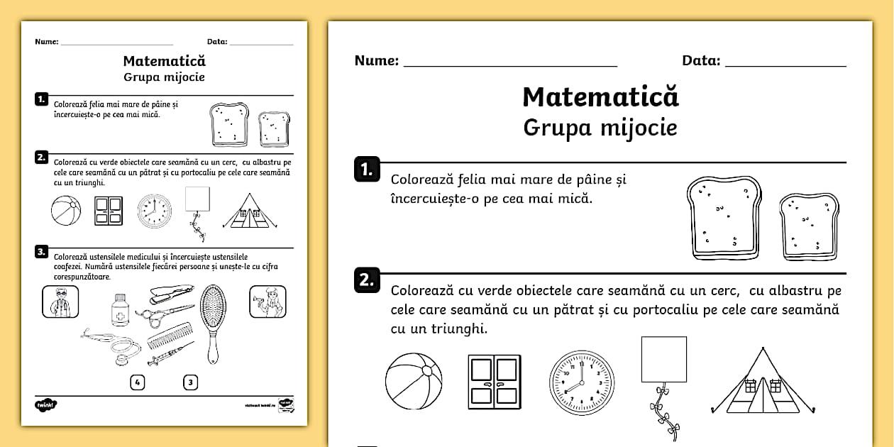 Fișă Evaluare formativă Matematică Grupa mijlocie