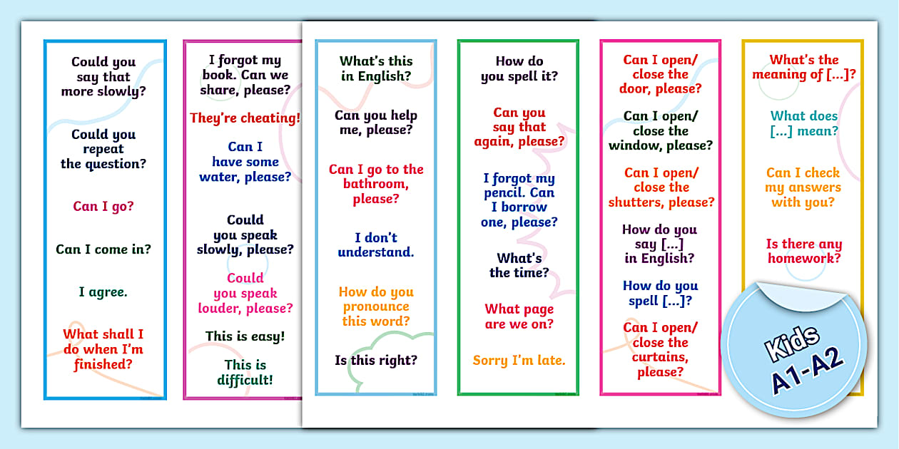 Classroom Phrases Bookmarks for ESL [Kids, A1-A2] - Twinkl