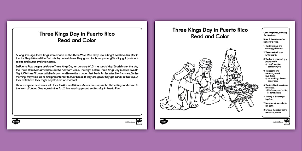 Three Kings Day in Puerto Rico Read and Color Worksheet