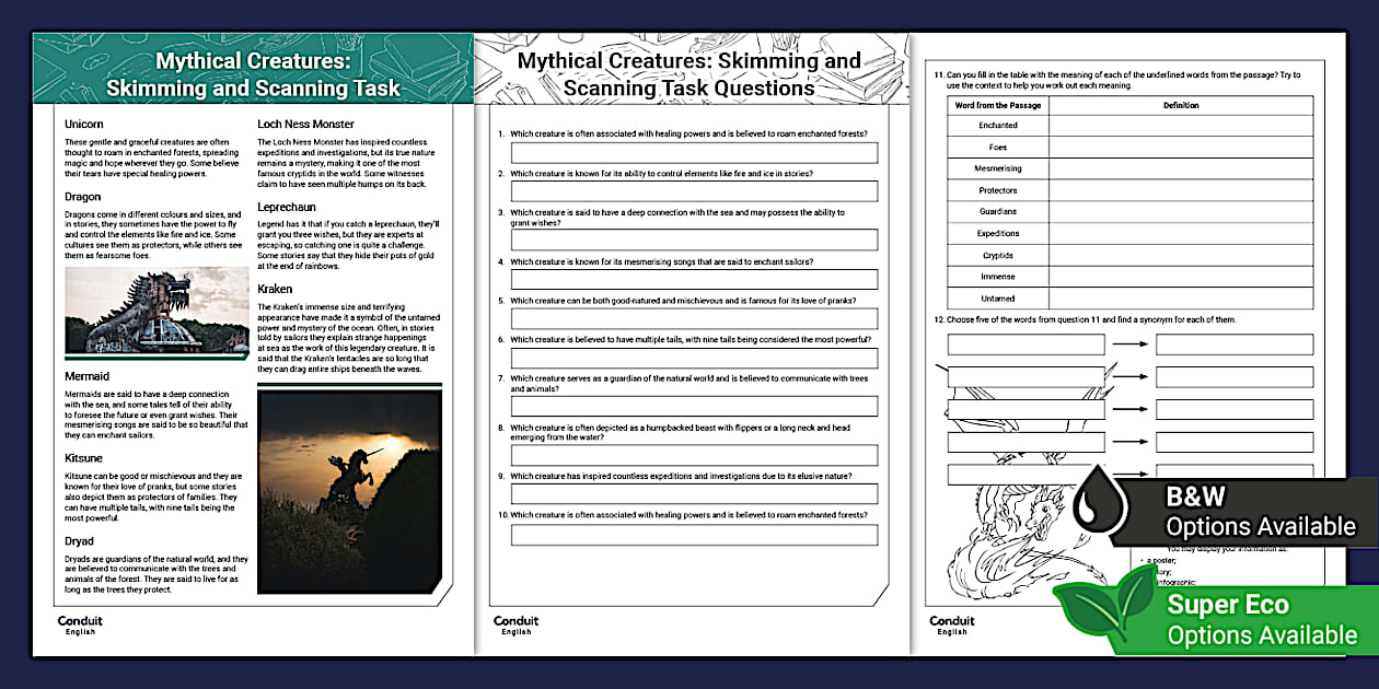Mythical Creatures: Skimming and Scanning Activity - Twinkl