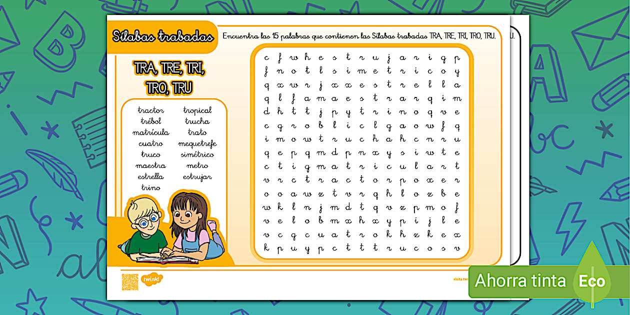 Sopa de letras: Sílabas trabadas TRA, TRE, TRI, TRO, TRU