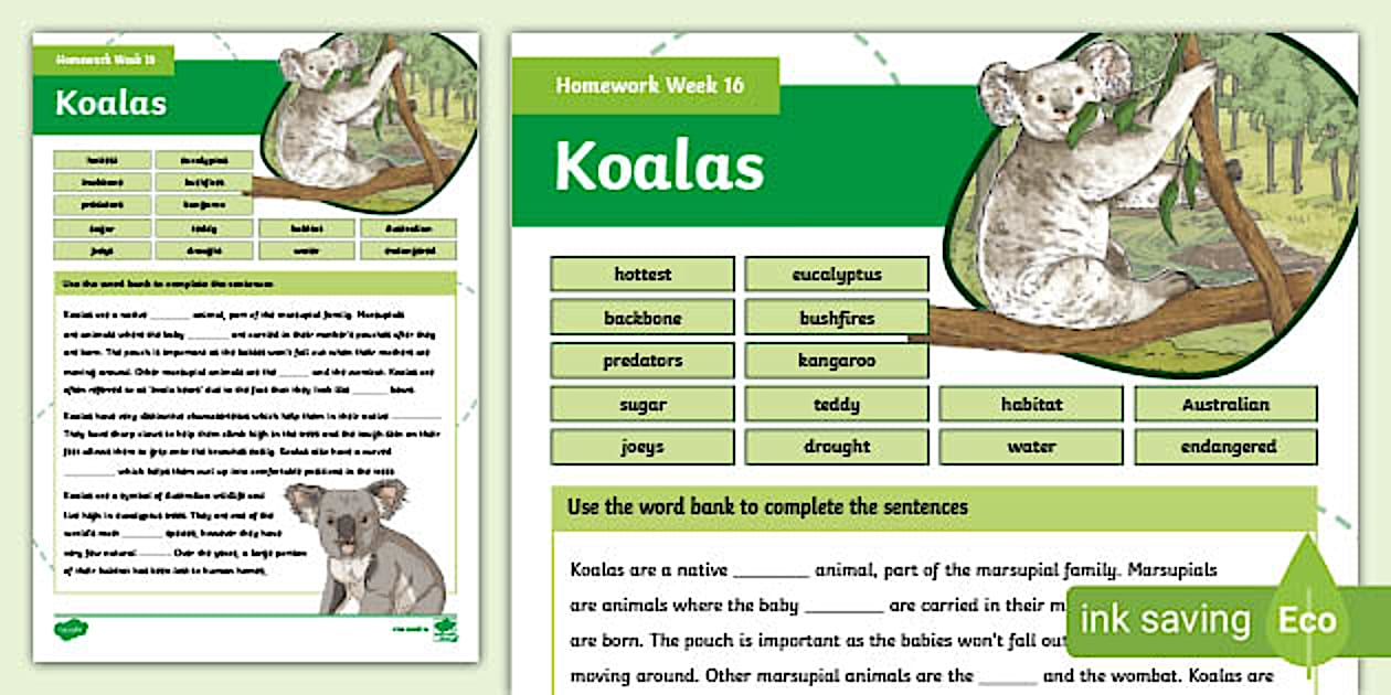 Cloze Procedure Homework Week 16 Koala 3rd/4th Class