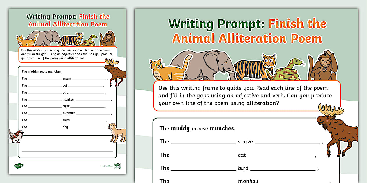Writing Prompt: Finish the Animal Alliteration Poem - Twinkl