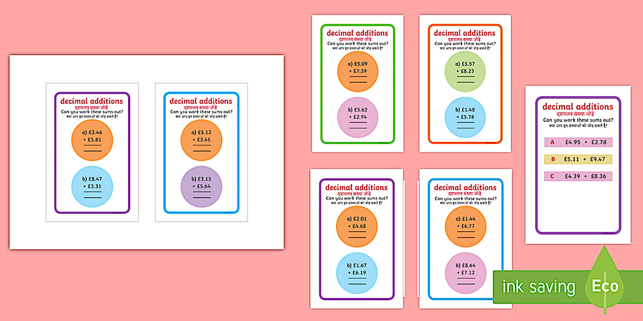 Decimals Addition Maths Challenge Cards English/Hindi - Decimals Additions